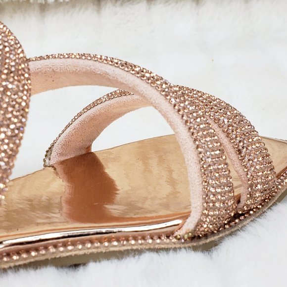 Pazzle | Shoes | Padded Triple Strap Slip On Rose Gold Rhinestone ...